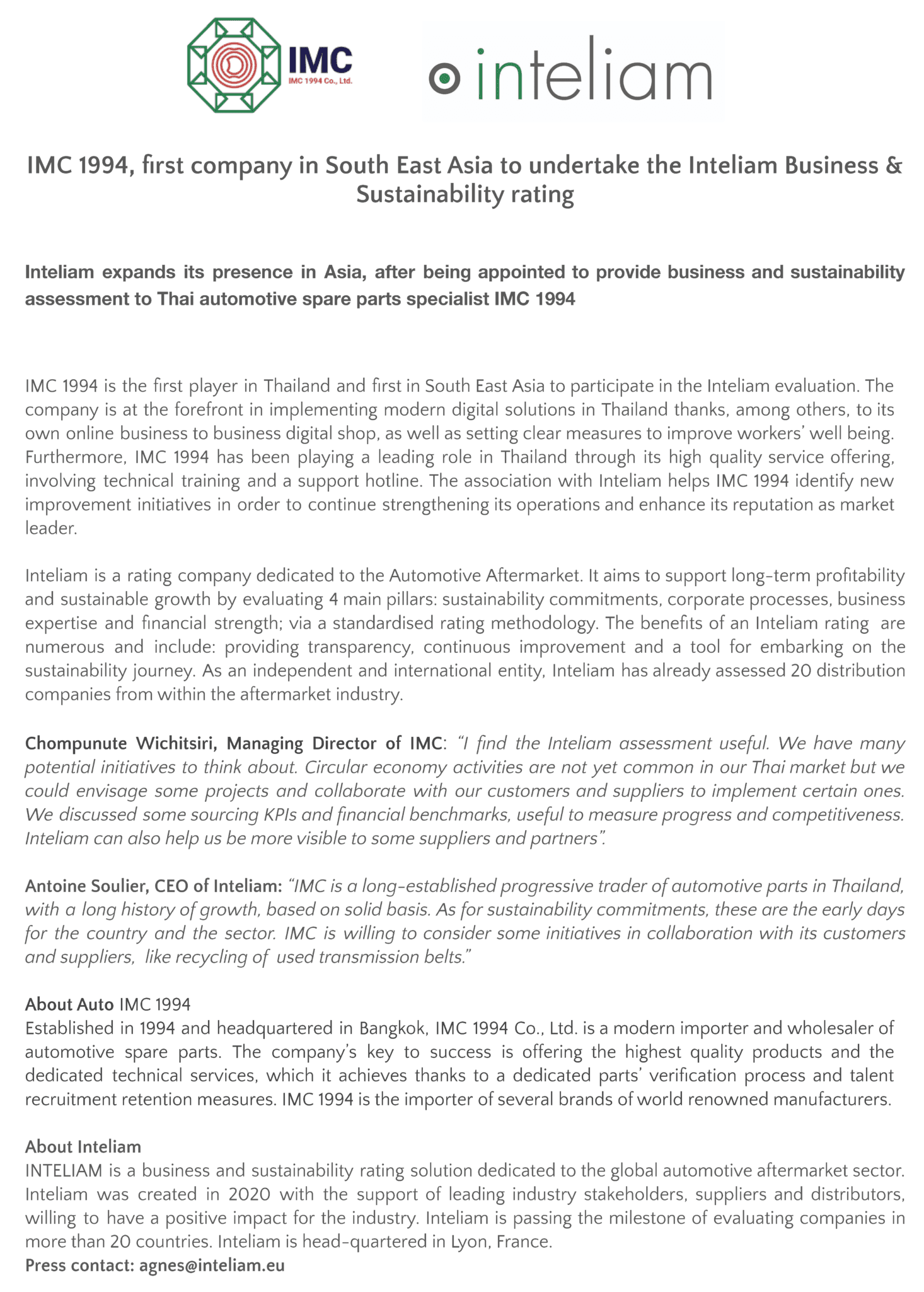 IMC 1994, first company in South East Asia to undertake the Inteliam ...